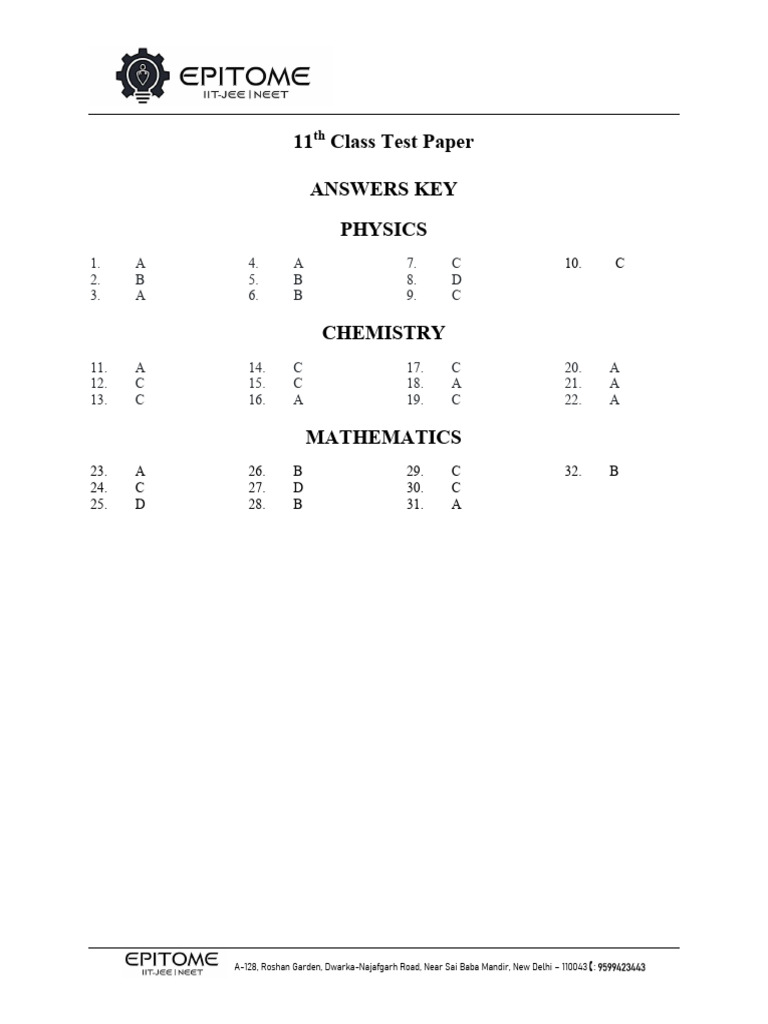 11th Class Test Paper Answer Key | PDF