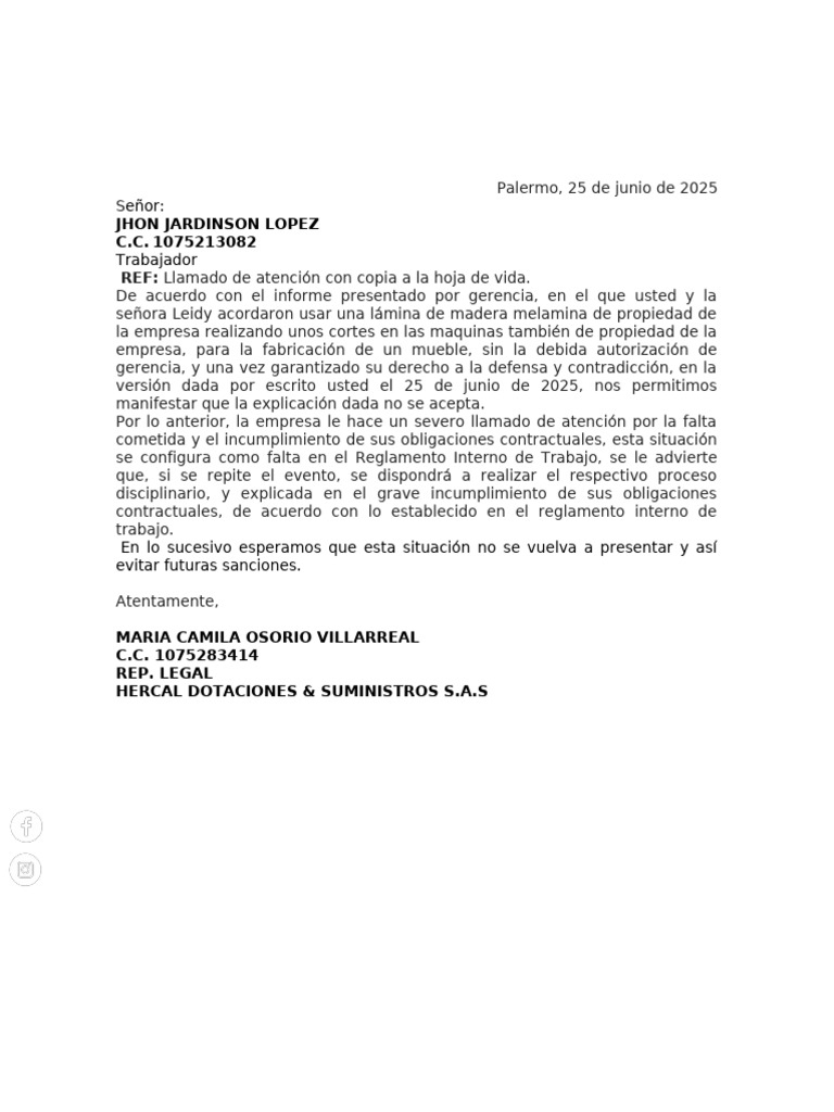 Llamado de Atención Laboral a Jhon Lopez | PDF