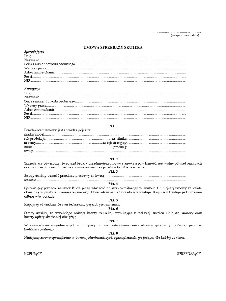 Umowa Kupna I Sprzedaży Skutera | PDF