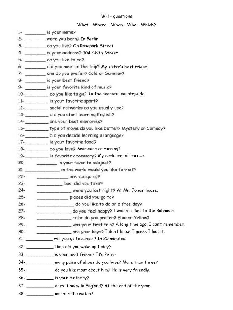 WH Questions Practice Exercises | PDF
