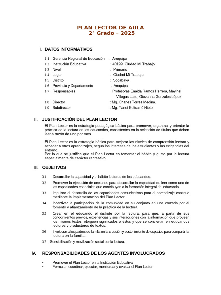 Plan Lector - 2° Grado - 2025 | PDF | Enseñando | Comprensión lectora