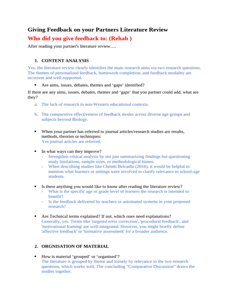 Peer To Peer Feedback On Literature Review-Rehab | PDF | Citation ...