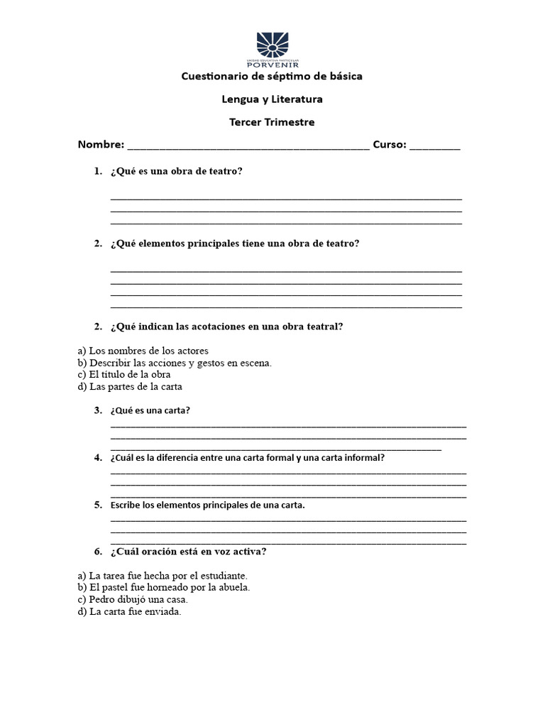 III Trimestre. Cuestionario de Séptimo de Básica | PDF