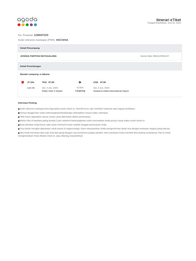 Agoda Booking ID 1288597029 Eticket | PDF