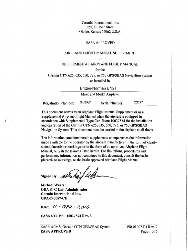 Easa GTN 625 Gps Sbas 190-01007-E3 Rev.2 | PDF