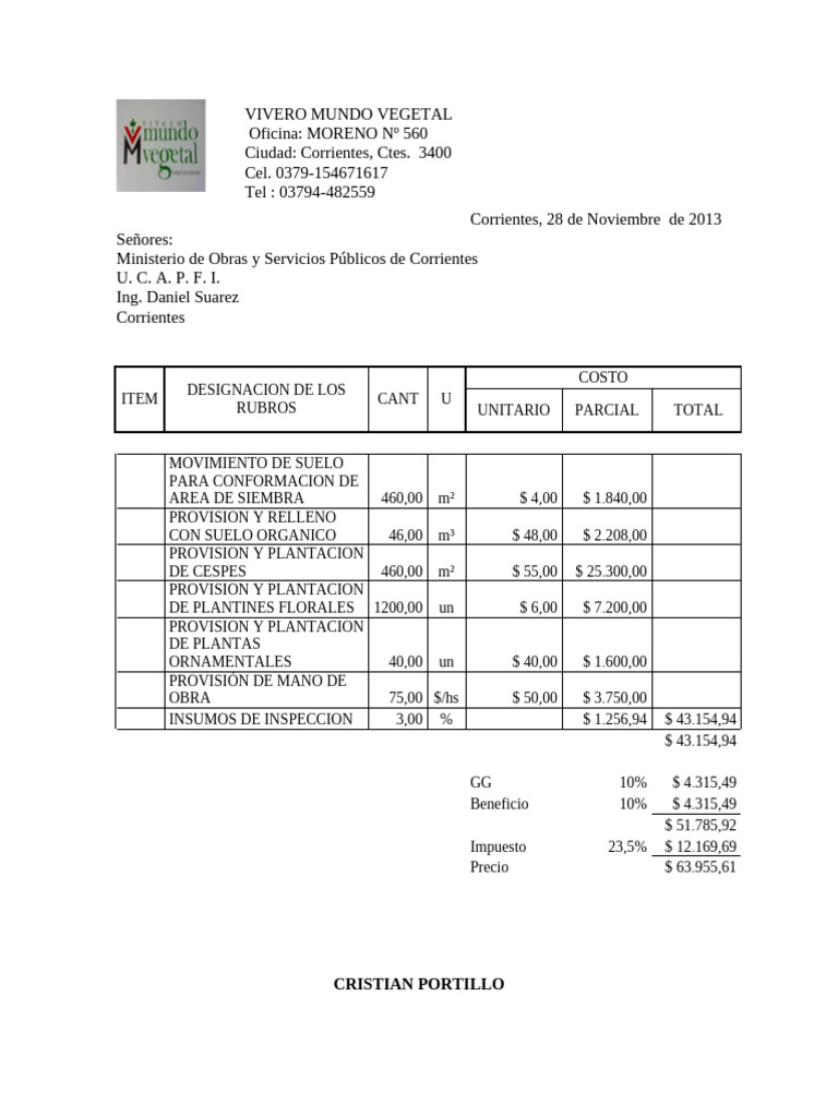 VIVERO MUNDO VEGETAL - Parquizacion B° La Olla | PDF