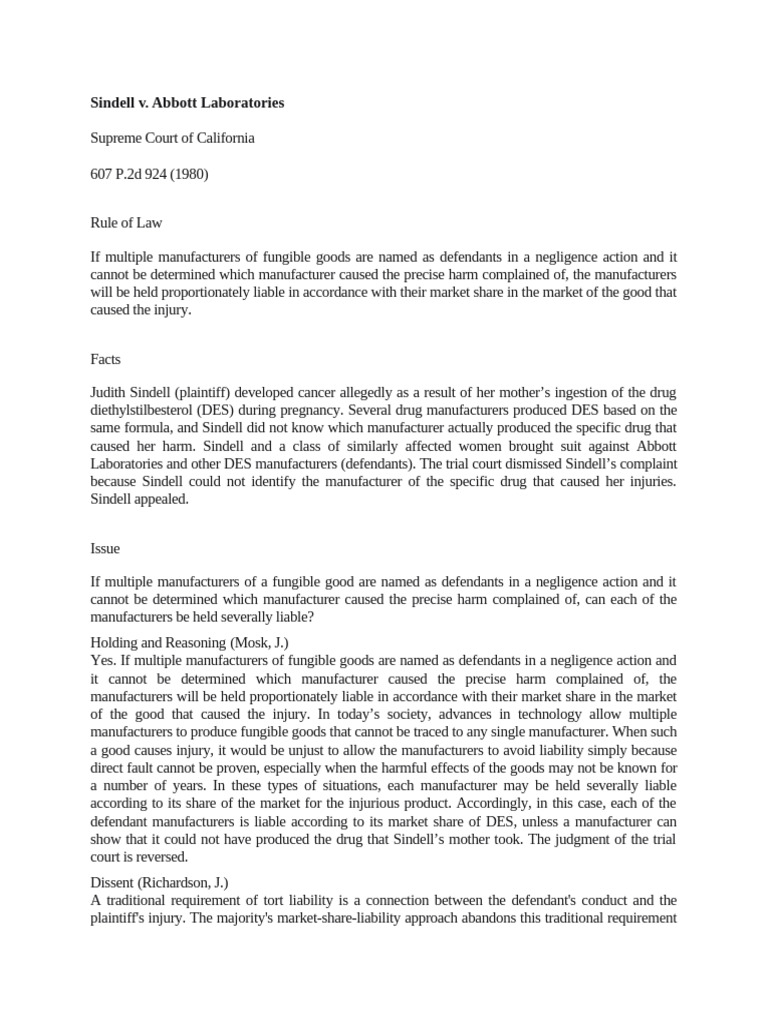 Sindell (Market Share Liability) | PDF | Tort | Legal Liability