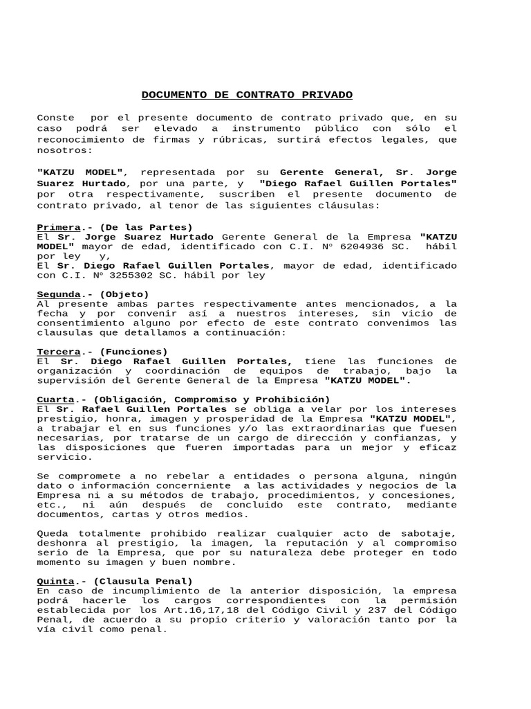Contrato Privado entre KATZU MODEL y Guillen | PDF | Justicia | Crimen ...