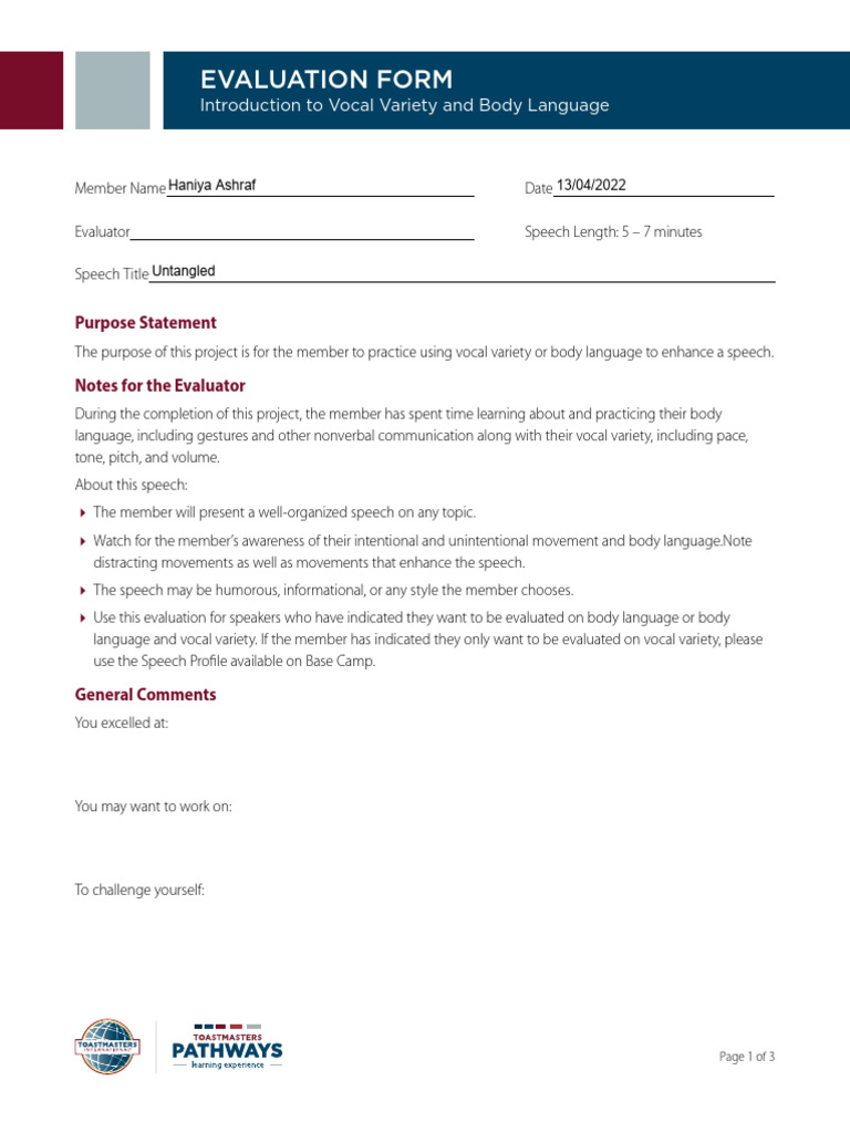 Vocal Variety and Body Language Evaluation | PDF | Body Language | Gesture