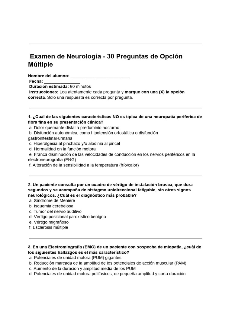 Examen de Neurología - 30 Preguntas de Opción Múltiple | PDF | Electromiografia | Nervio