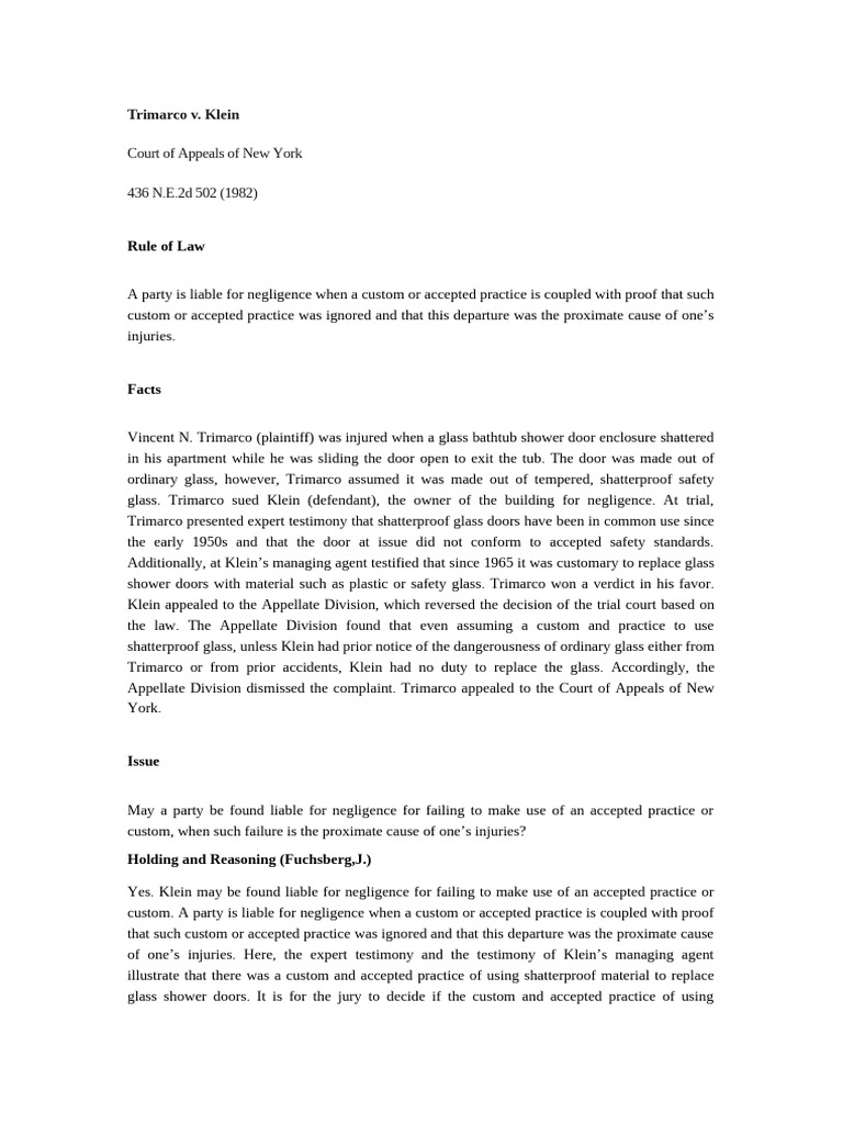 Trimarco v. Klein: Negligence Liability | PDF | Negligence | Public Law