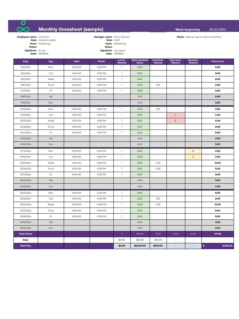 Monthly Timesheet Template - Google Sheets - Resource Guru - Monthly ...