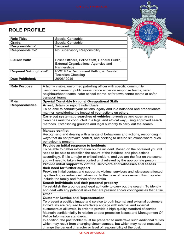 Special Constable CVF Role Profile | PDF | Thought | Police