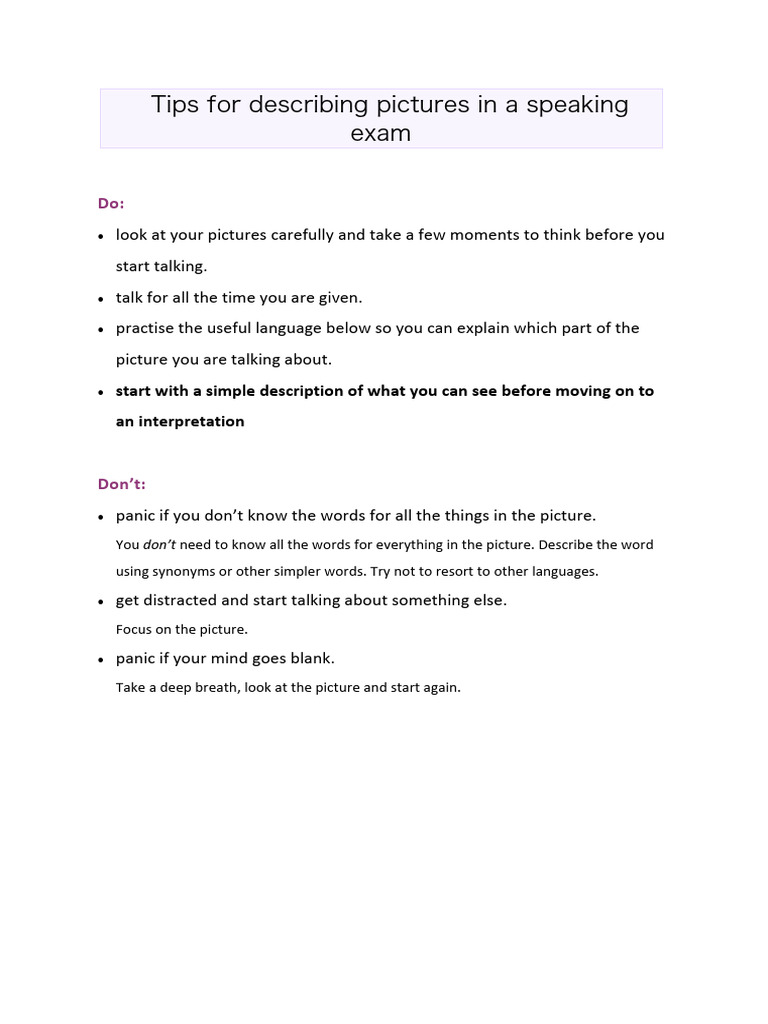 Tips For Describing Pictures in A Speaking Exam | PDF