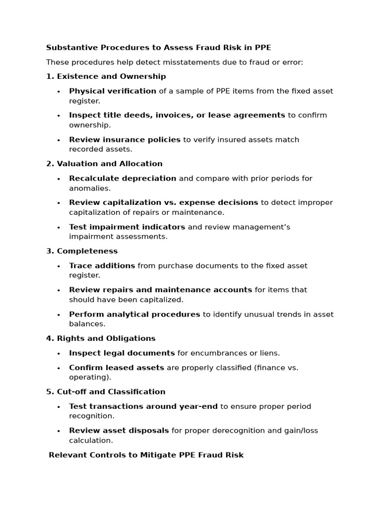 Substantive Procedures To Assess Fraud Risk in PPE | PDF | Audit | Risk