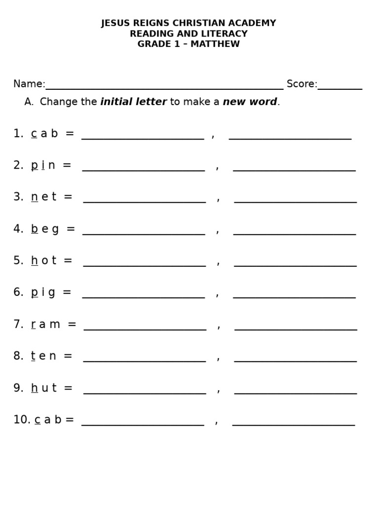 Grade 1 Reading Literacy Worksheet | PDF