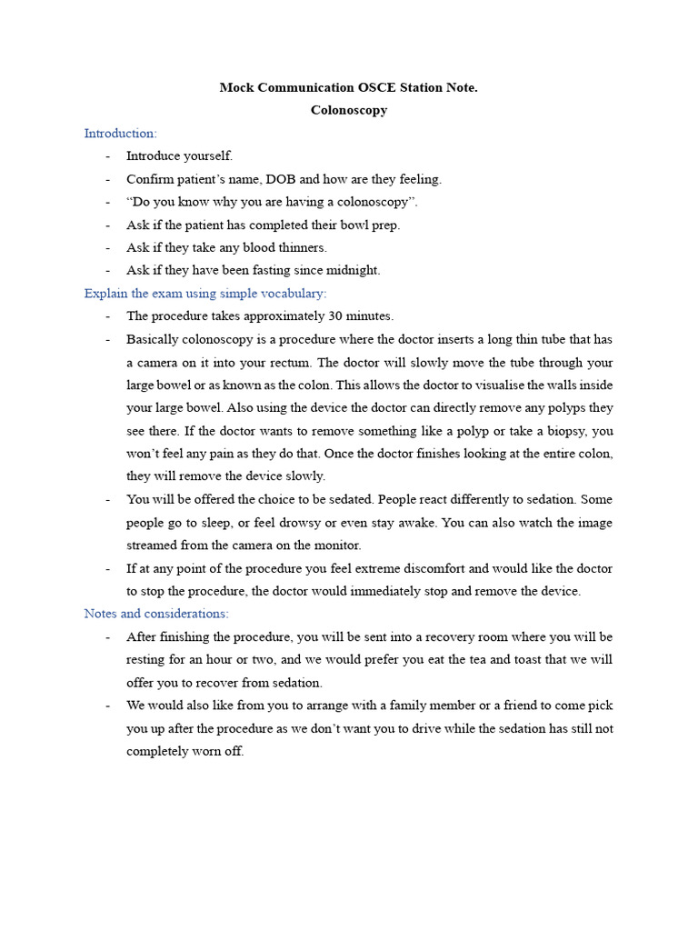 Mock Communication OSCE Station Note | PDF | Colonoscopy | Surgery