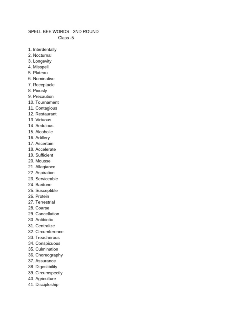 Class 5 Spell Bee Words - 2nd Round | PDF