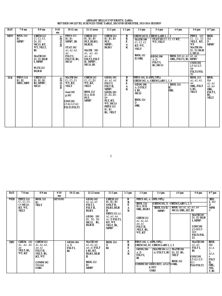 Second Semeter Time Table 100L 2024-2025 | PDF | Chess
