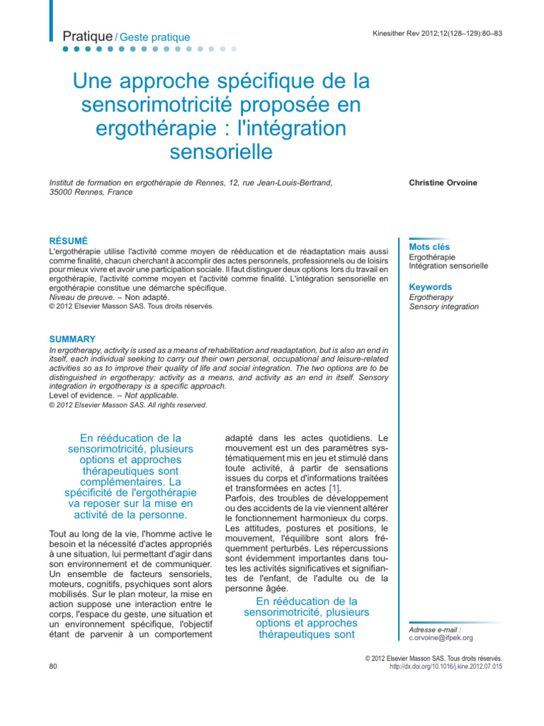 Intégration sensorielle en ergothérapie | PDF | Ergothérapie | Cognition