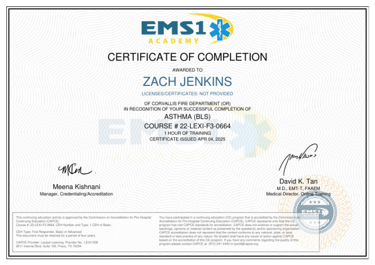 Certificate Asthma Bls | PDF