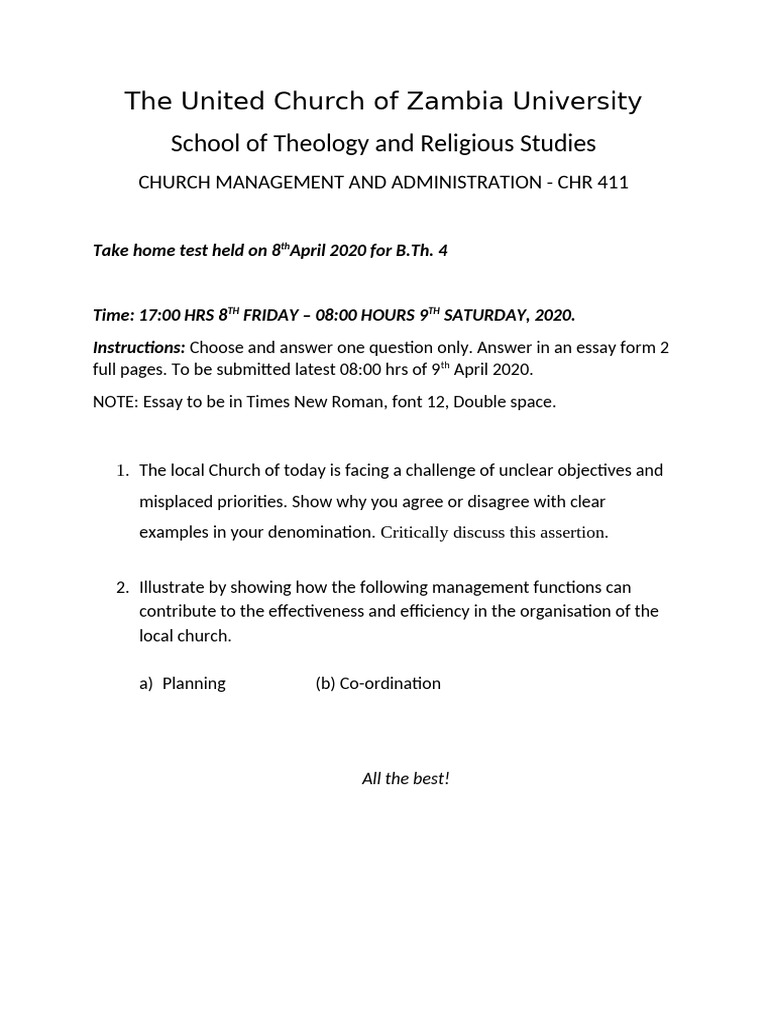 Take Home Test CHR 411 2020. | PDF