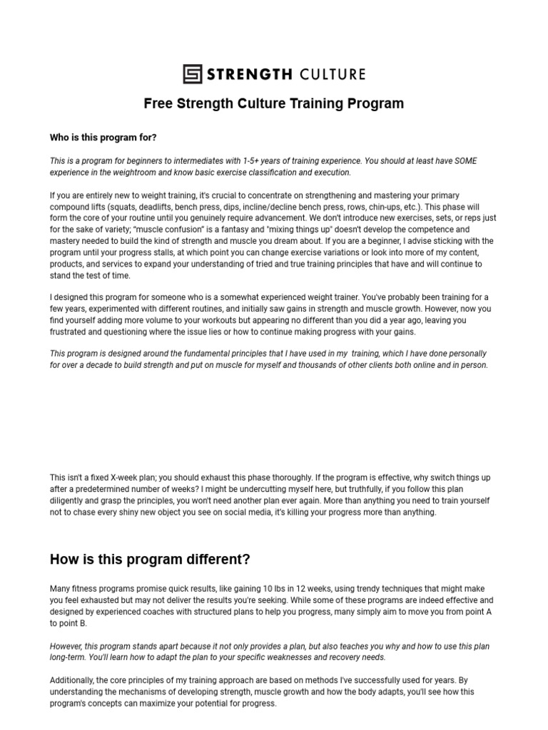 Strength Culture Free Training Program | PDF | Strength Training | Muscle Hypertrophy