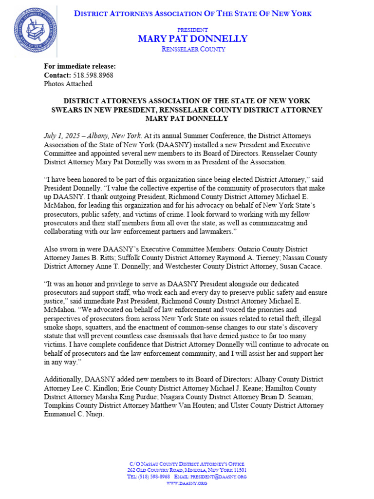 Mary Pat Donnelly Sworn in as DAASNY President | PDF | Prosecutor ...
