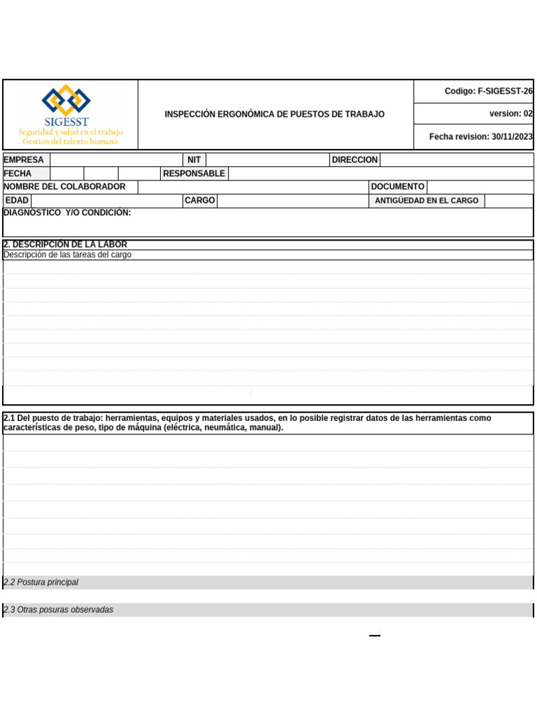 F-SIGEST-26 Inspección Ergonómica de Puestos de Trabajo | PDF