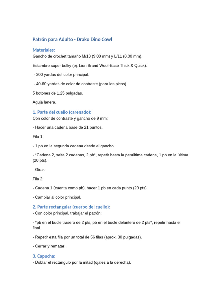 Patron Drako Dino Cowl Adulto | PDF