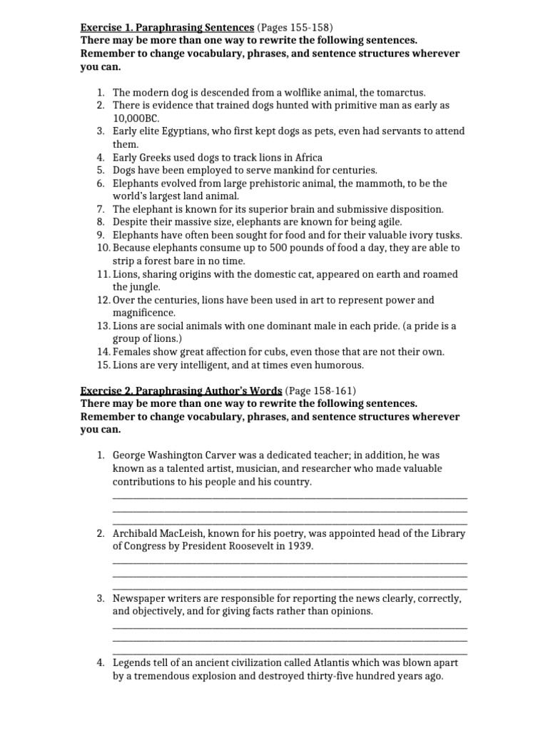Paraphrasing Exercises | PDF | Lion | Elephant