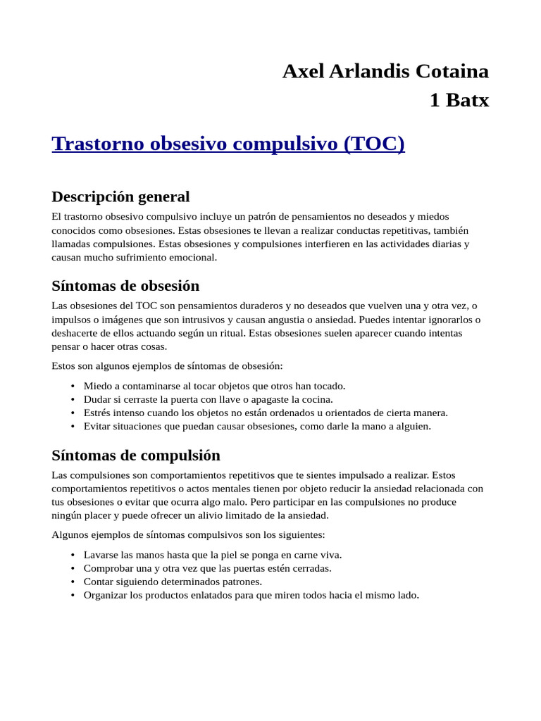 Trastorno Obsesivo Compulsivo (TOC) | PDF | Desorden obsesivo compulsivo | Trastorno mental