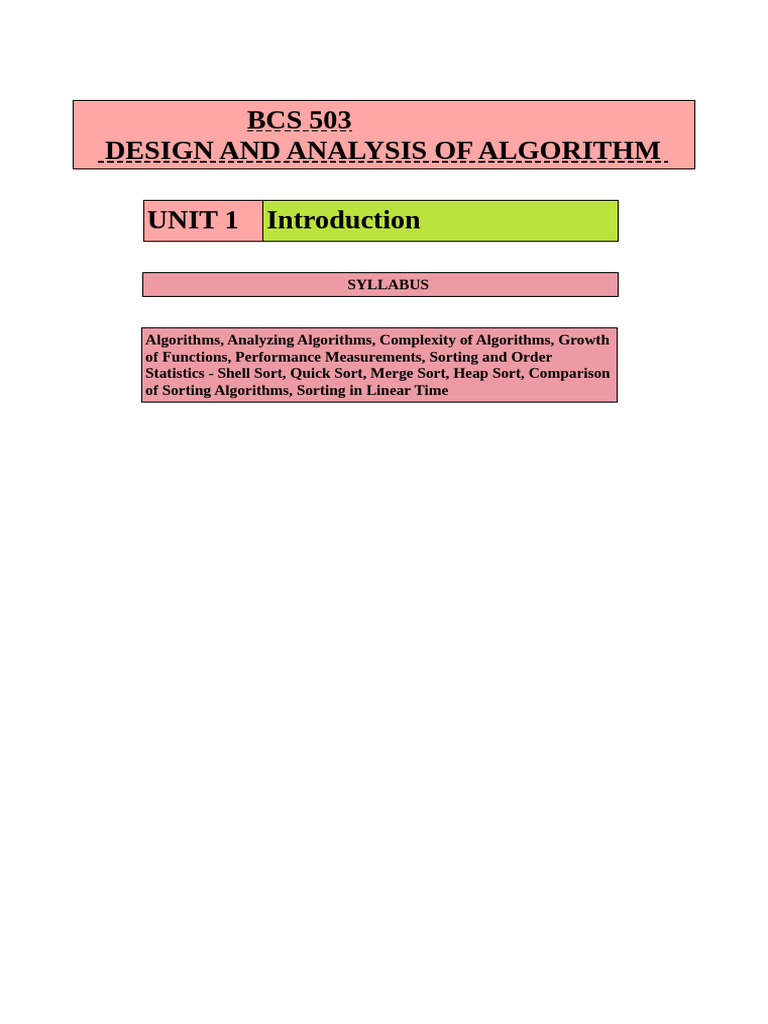 Designn and Analysis of Algorithm Unit-I | PDF | Algorithms | Dynamic Programming