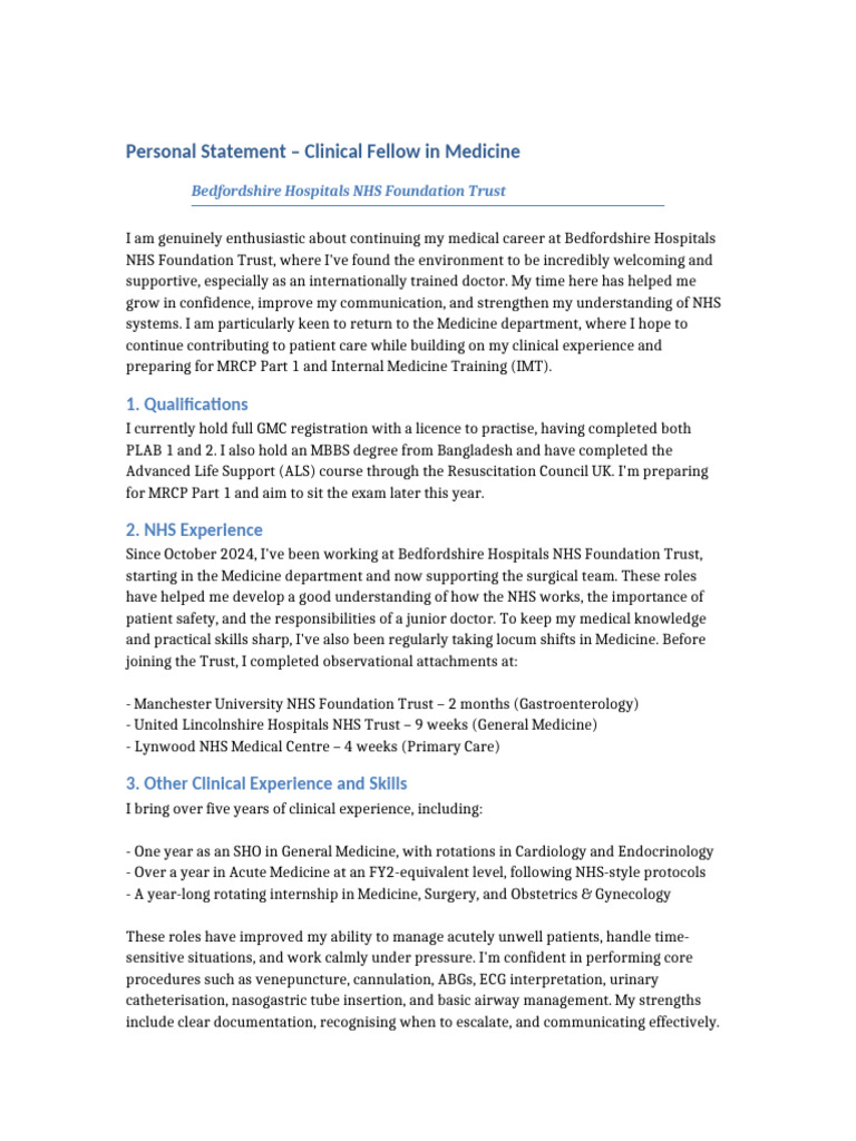 Clinical Fellow Personal Statement: Medicine | PDF | Medicine ...