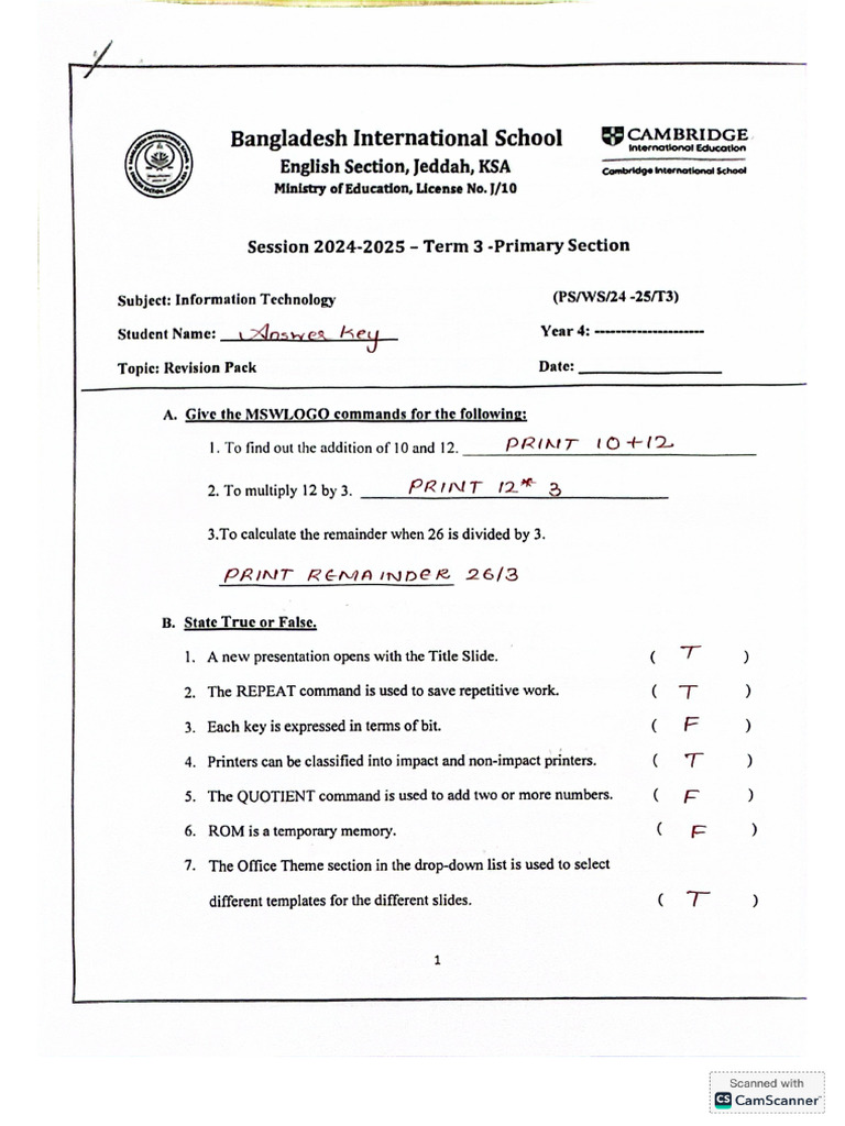 Y4-IT Revision Pack Answer Key | PDF