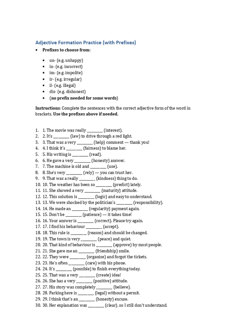 Adjective Formation Practice | PDF