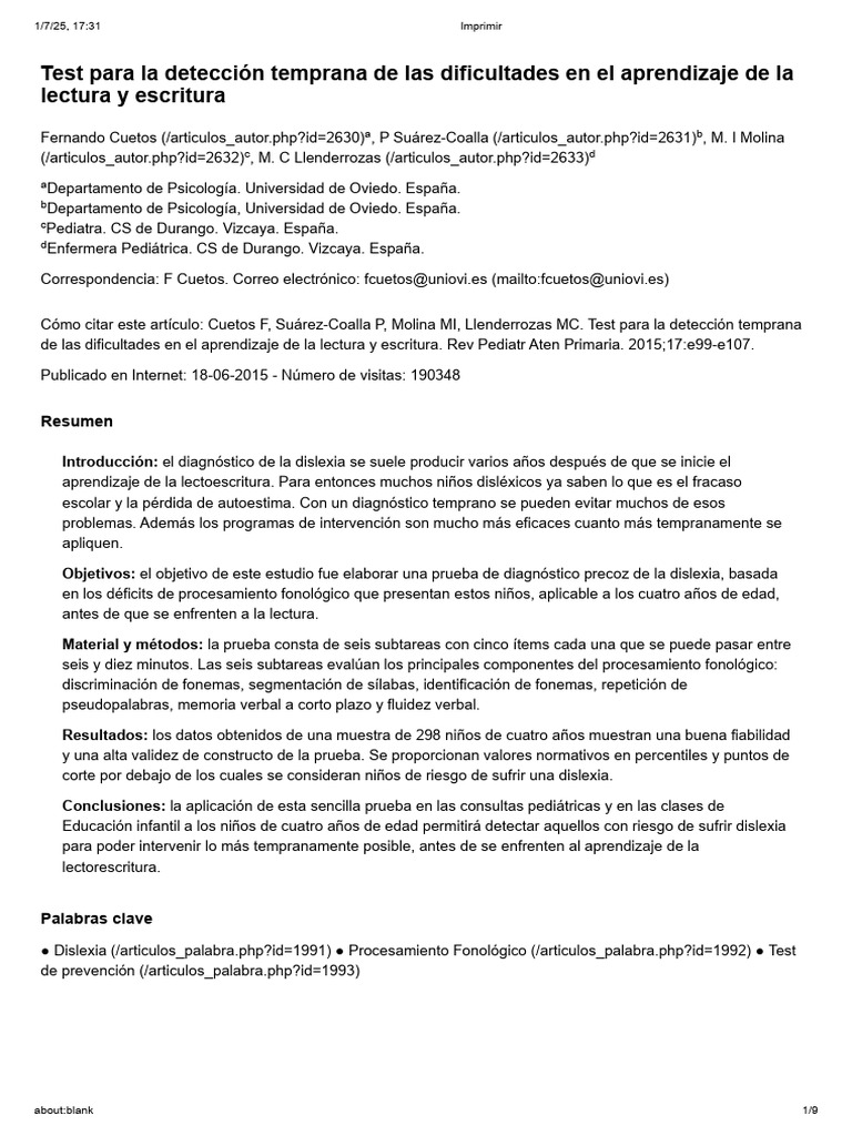 Test para detectar dislexia temprana | PDF | Dislexia | Aprendizaje