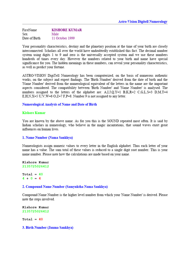 Numerology Insights for Kishore Kumar | PDF