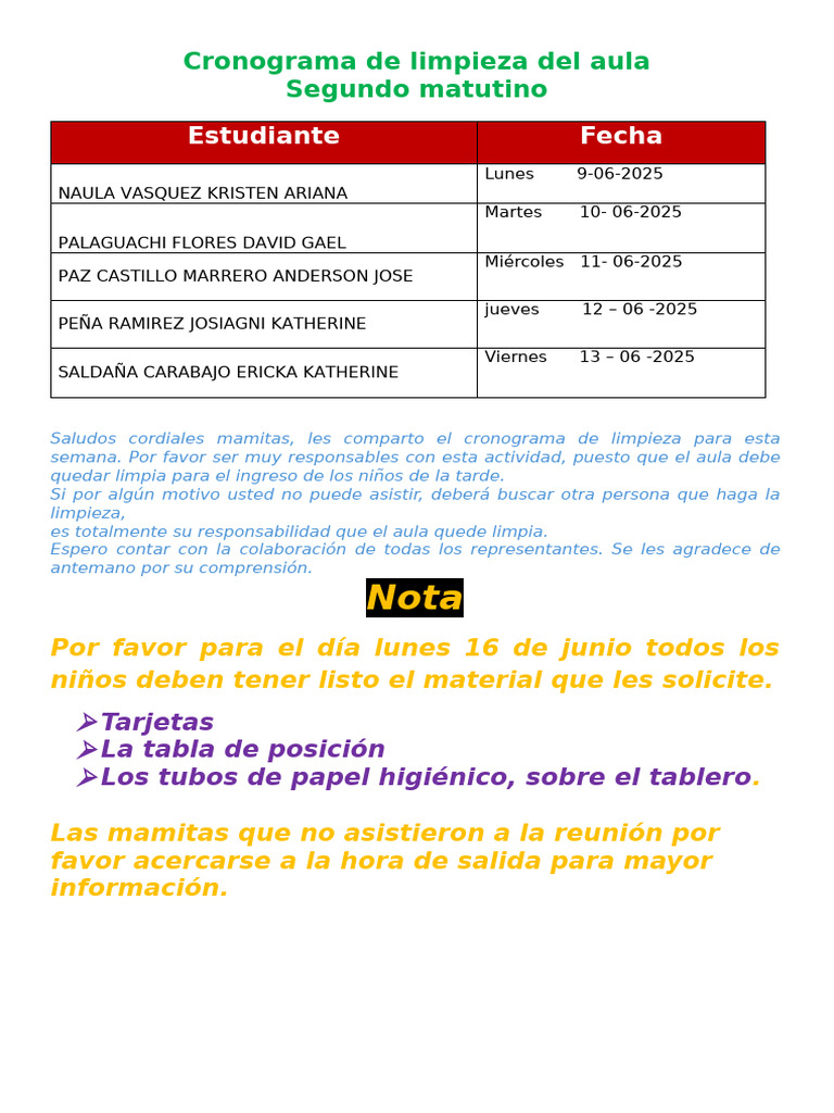 Cronograma Semanal de Limpieza | PDF