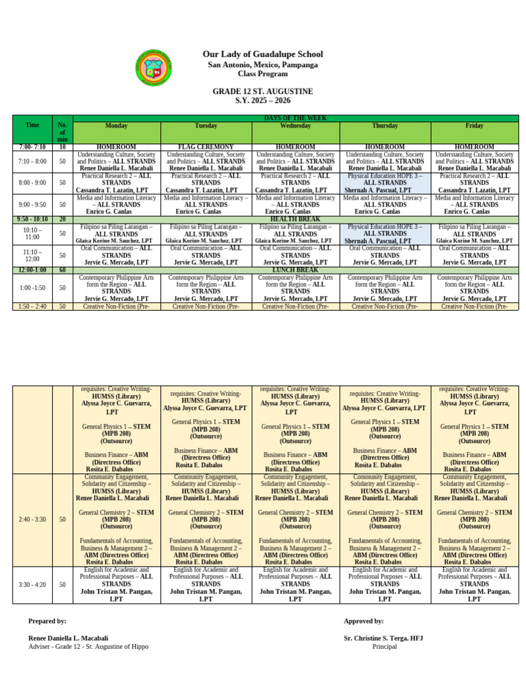 G12 Class Program S.Y. 2025-2026 | PDF