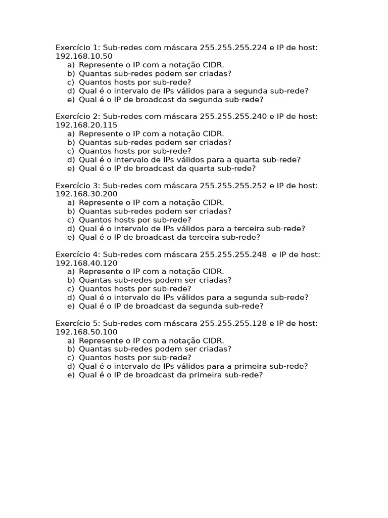 Exercícios - Cálculo de Sub-Rede | PDF