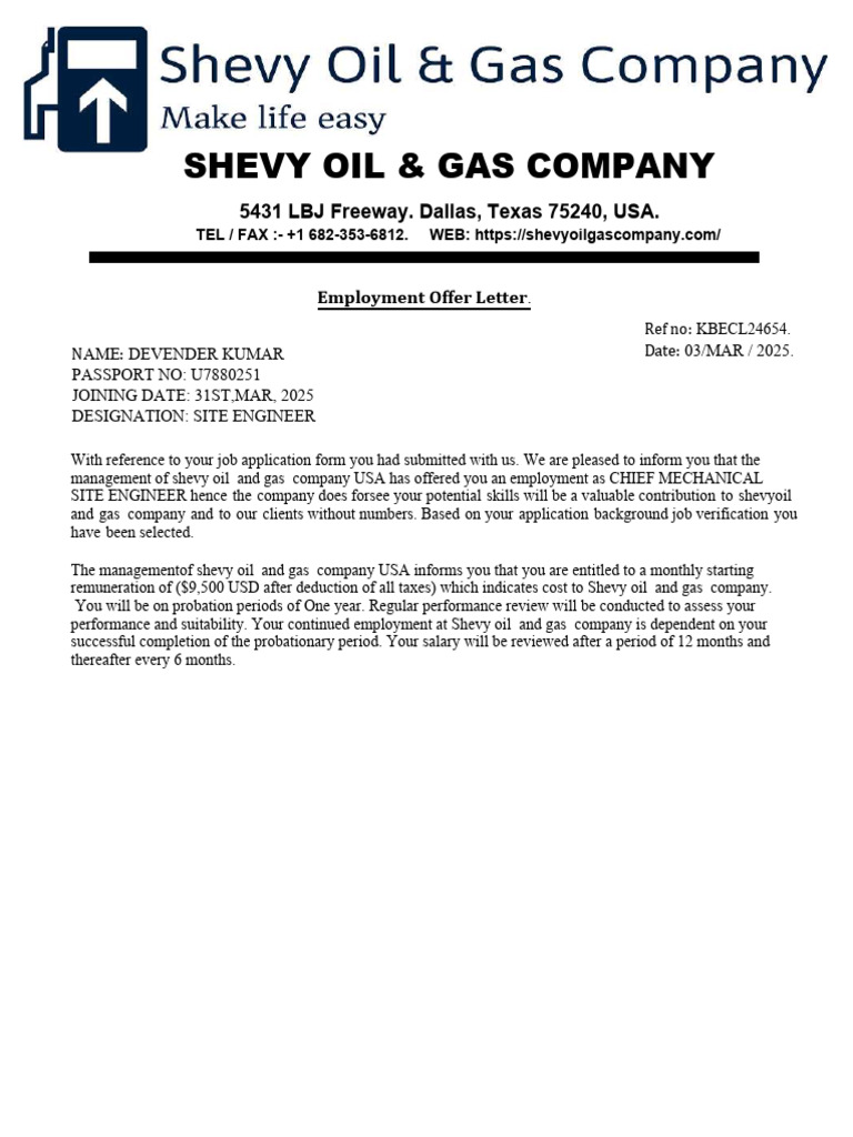 Appointment and Agreement Shevy Oil and Gas Company-Devender Kumar | PDF | Travel Visa