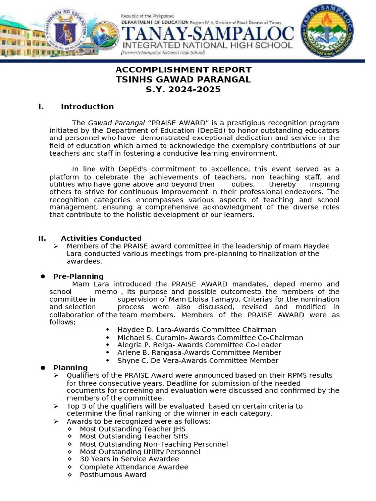Gawad Parangal Accomplishment Report | PDF | Cognition | Learning