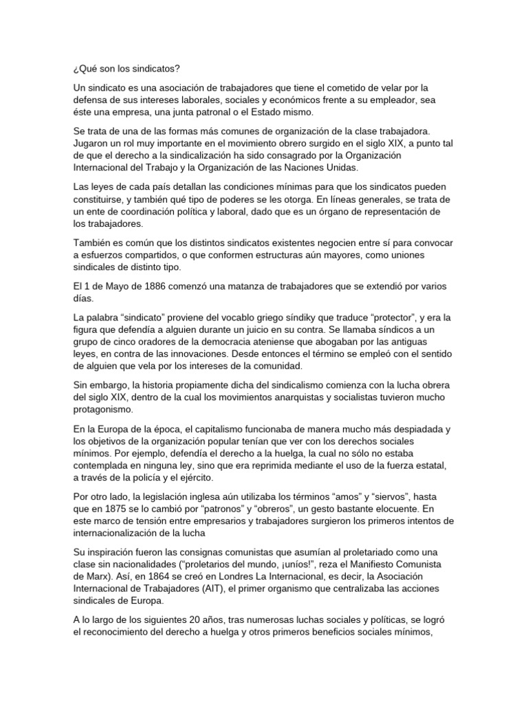 ¿Qué son los sindicatos y su importancia? | PDF | Sindicato | Derecho ...
