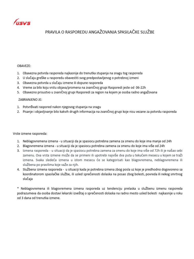 Pravilnik o Rasporedu Spas. Službe | PDF