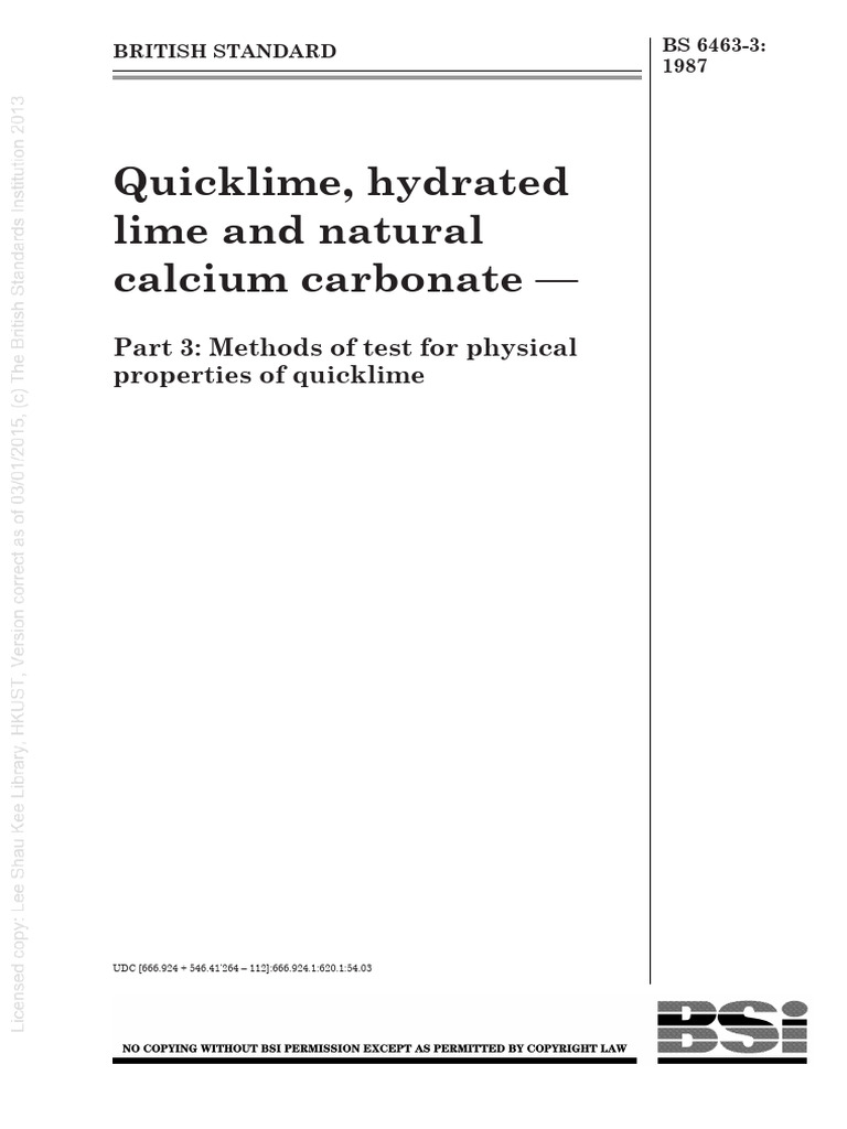 BS 6463-3-1987 Quicklime, Hydrated Lime and Natural Calcium Carbonate ...