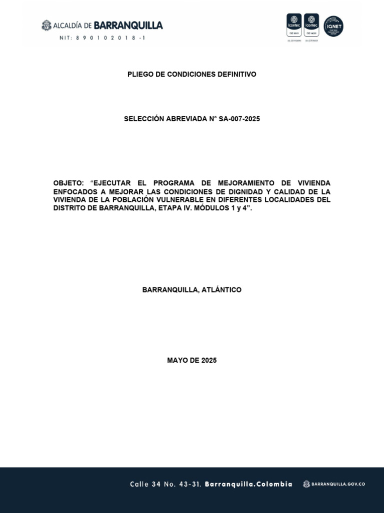 Pliego de Condiciones Definitivo Sa-007-2025 | PDF | Pagos | Crédito