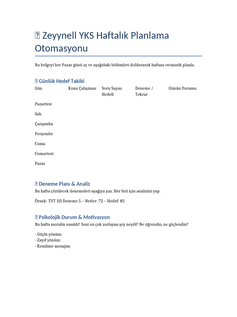Zeyynell Haftalik Planlama Otomasyonu | PDF