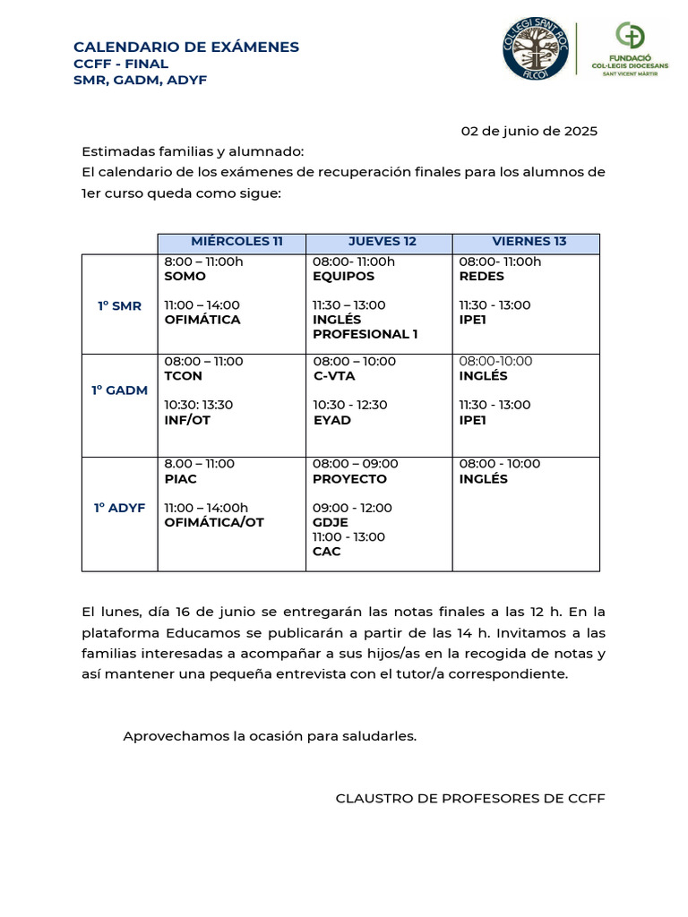 Calendario Convocatoria Ordinaria 1º CCFF | PDF