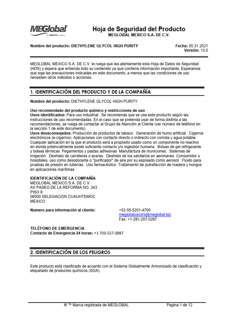 Material Safety Data Sheet Diethylene Glycol High Purity | PDF ...